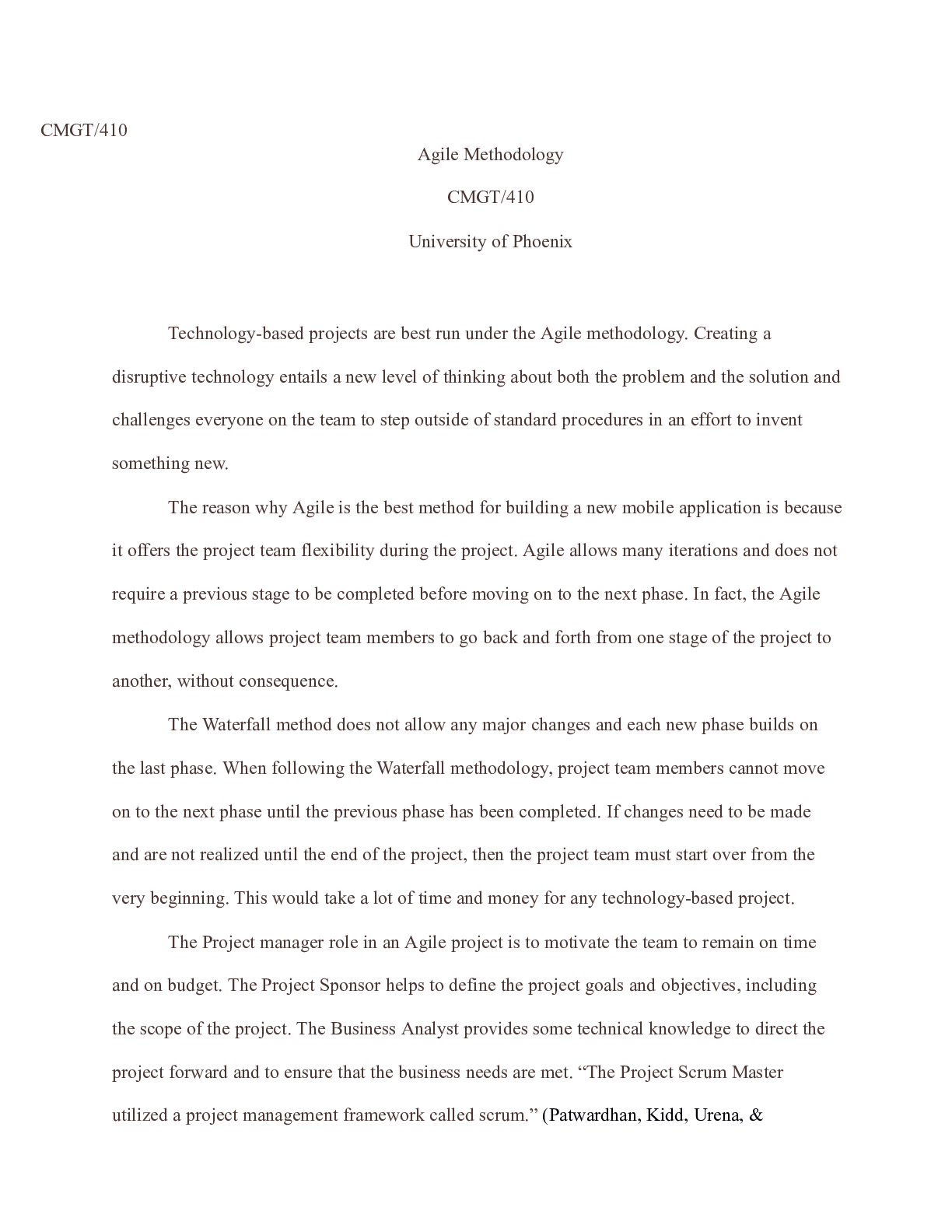 Agile Methodology.docx CMGT/410 Agile Methodology CMGT/410 University of Phoenix Te ...